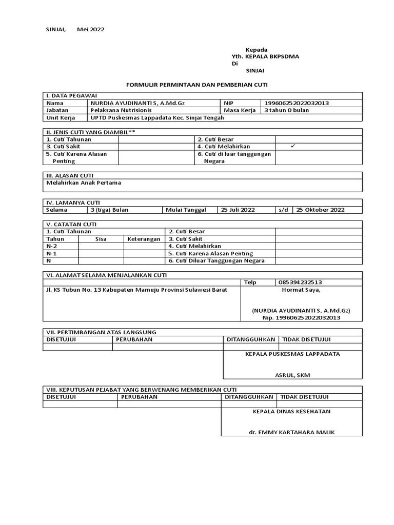 Formulir Cuti PNS Sinjai | PDF