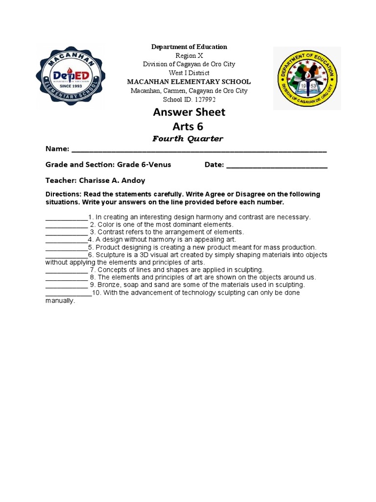 Answer Sheets For MAPEH - Arts 6 (Venus) (Fourth Quarter 2022 - 2023) | PDF | Sculpture