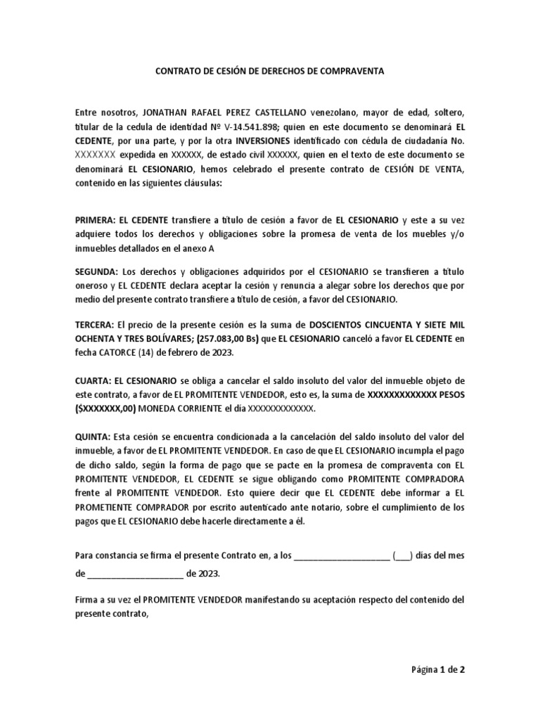 Modelo Contrato de Cesion | PDF | Derecho civil (sistema legal) | Ley ...
