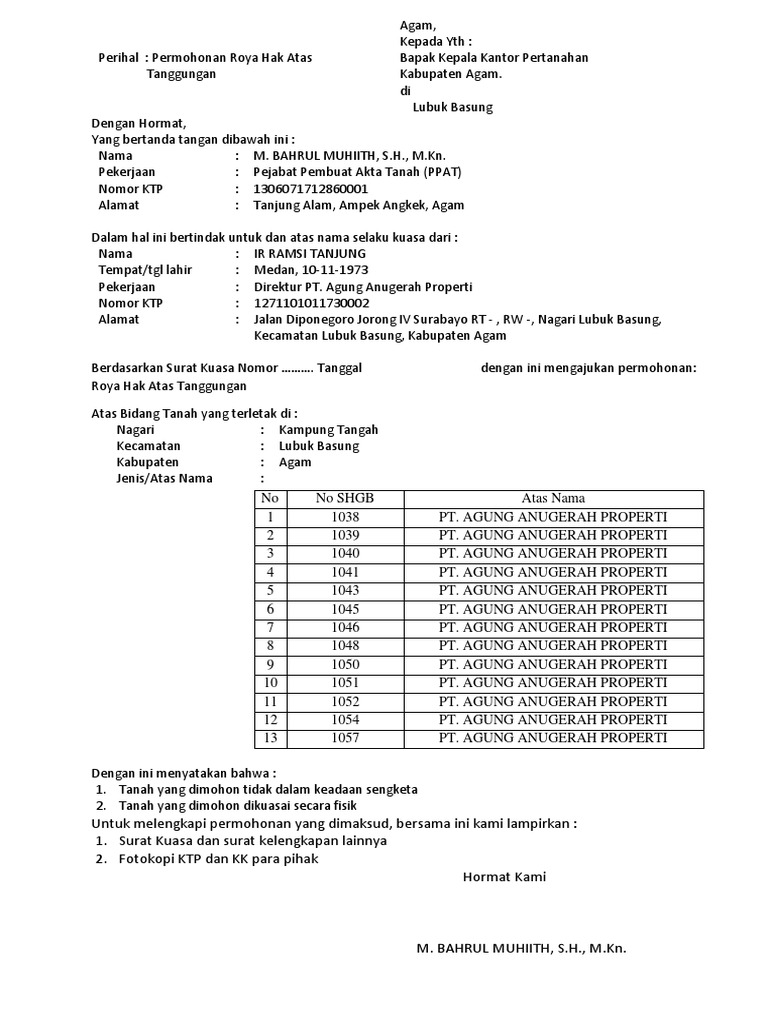 Permohonan Roya PT. Agung | PDF