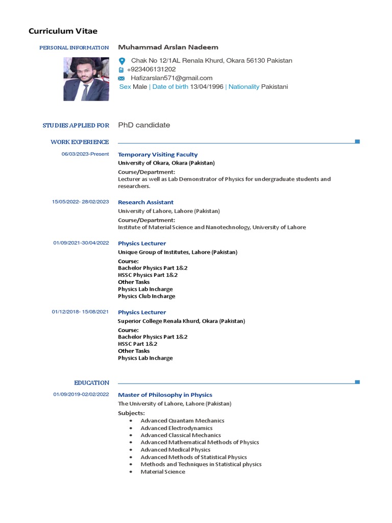 Arslan Academic CV | PDF | Physics | Spectroscopy