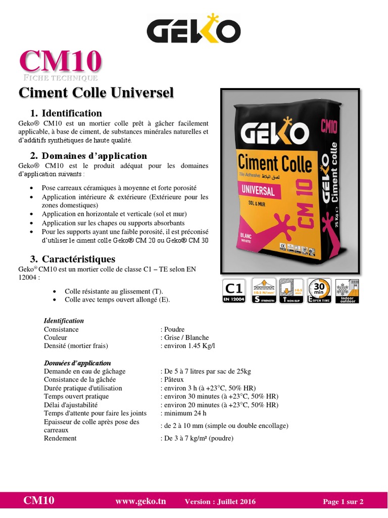 Ciment Colle Geko® CM10: Fiche Technique | PDF | Mortier (matériau ...