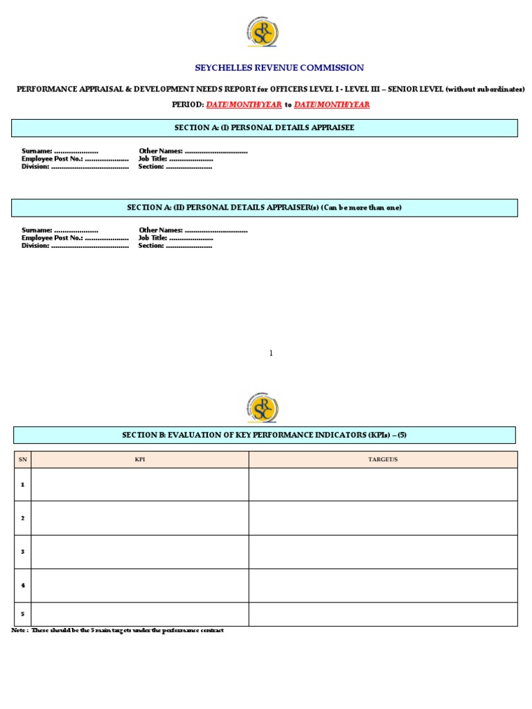 PERFORMANCE APPRAISAL & DEVELOPMENT NEEDS REPORT For OFFICERS LEVEL I ...