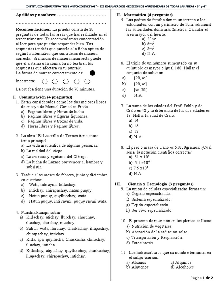 Simulacro de Aprendizaje 3ro y 4to Grado | PDF