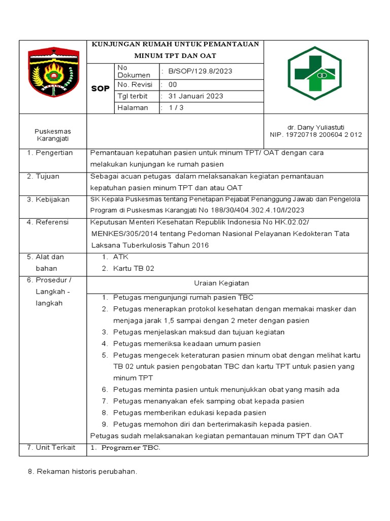 Sop Kunjungan Rumah Untuk Pemantauan Minum Oat Dan TPT 2023 | PDF
