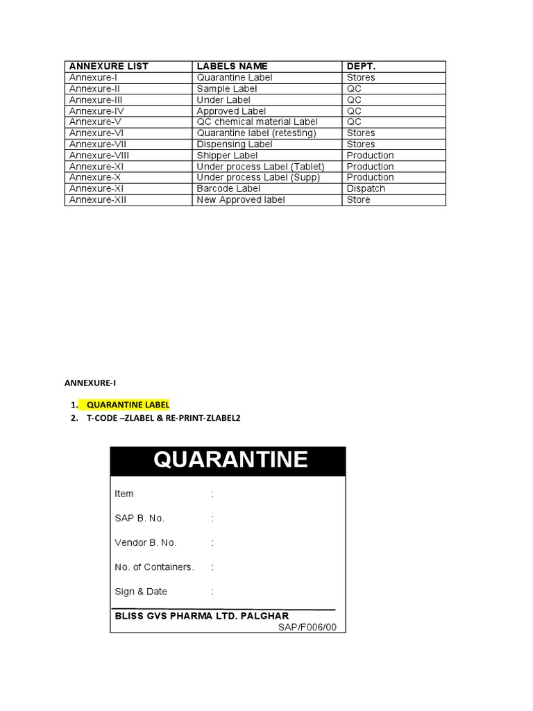 Quarantine Label Overview for Pharma | PDF | Sap Se