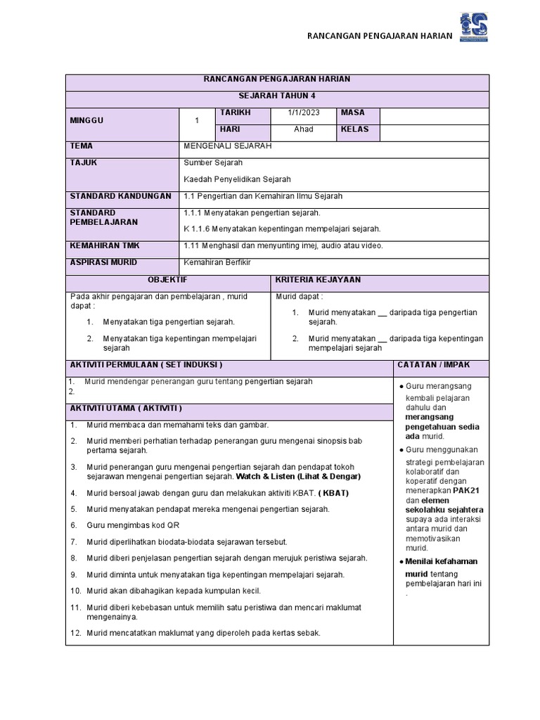 RPH Minggu 1 Sej THN 4 2023 by Cikgu Gorgeous | PDF