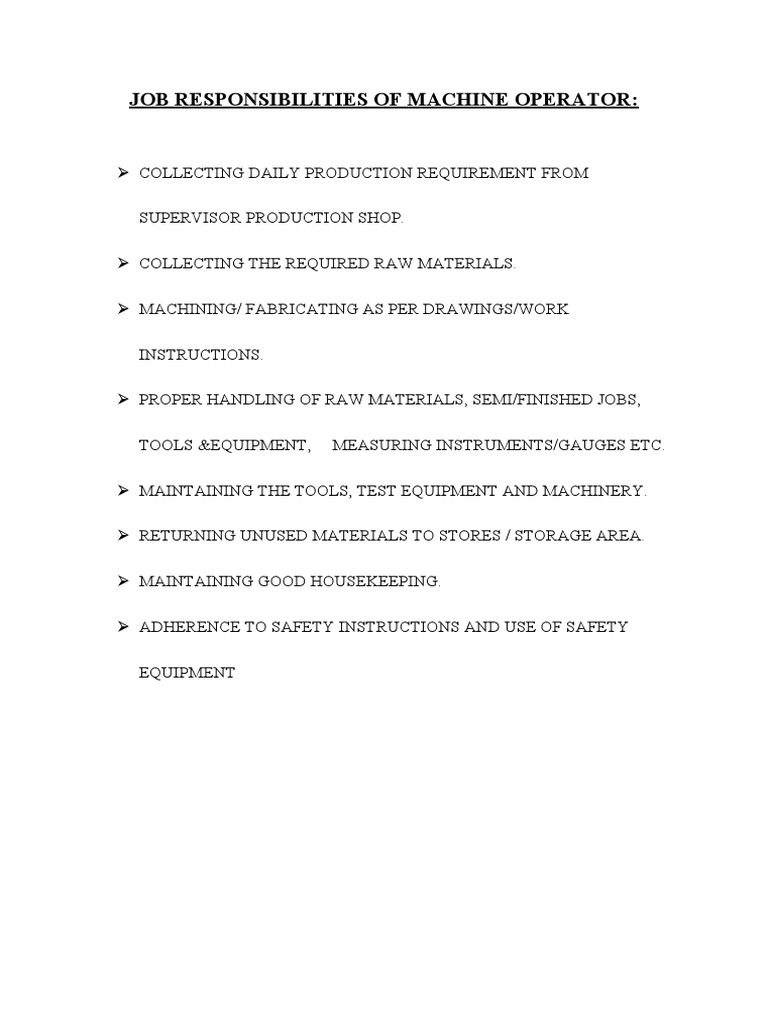 Job Responsibilities of Machine Operator | PDF | Technology & Engineering