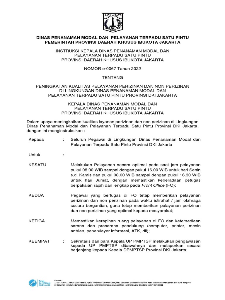 Inkadis Peningkatan Pelayanan TTE - Surat PTSP Sign 1 | PDF