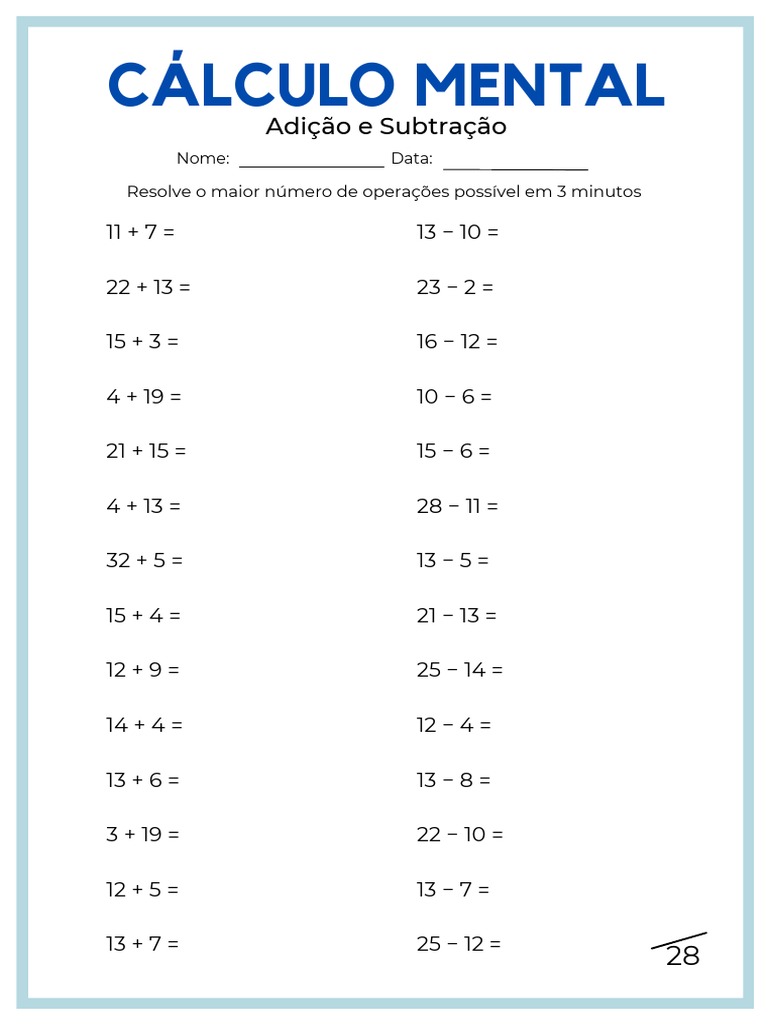 Simple Blue Addition and Subtraction Mental Arithmetic Maths Worksheet ...