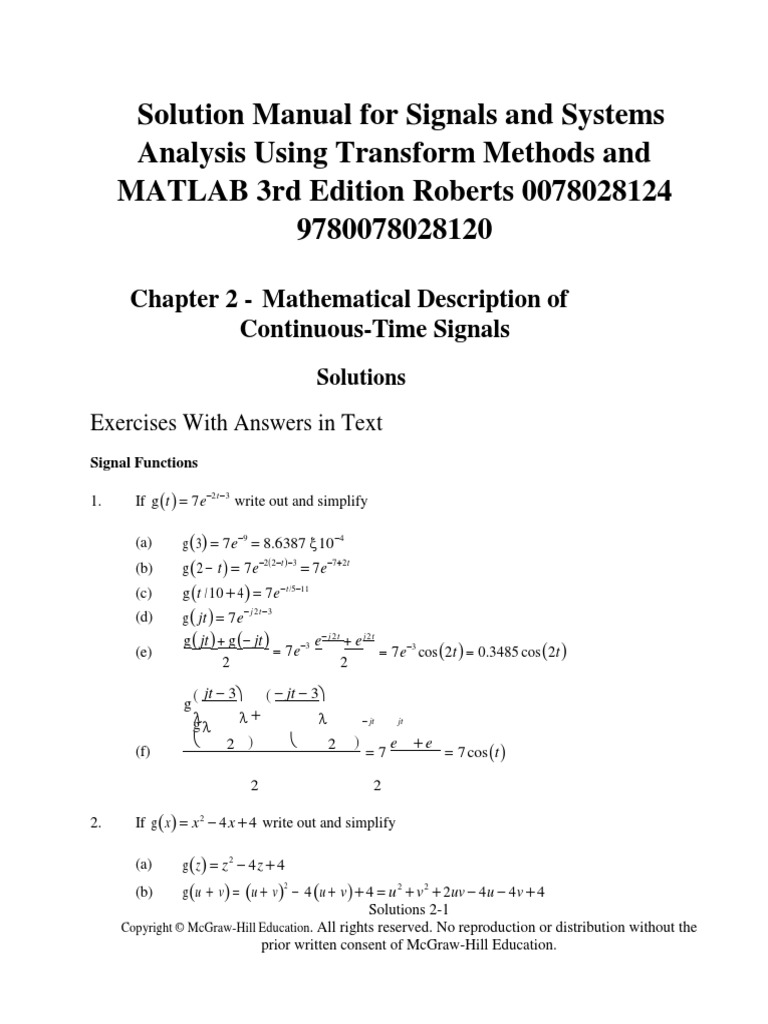 Signals and Systems Analysis Using Transform Methods and MATLAB 3rd Edition Roberts Solution ...