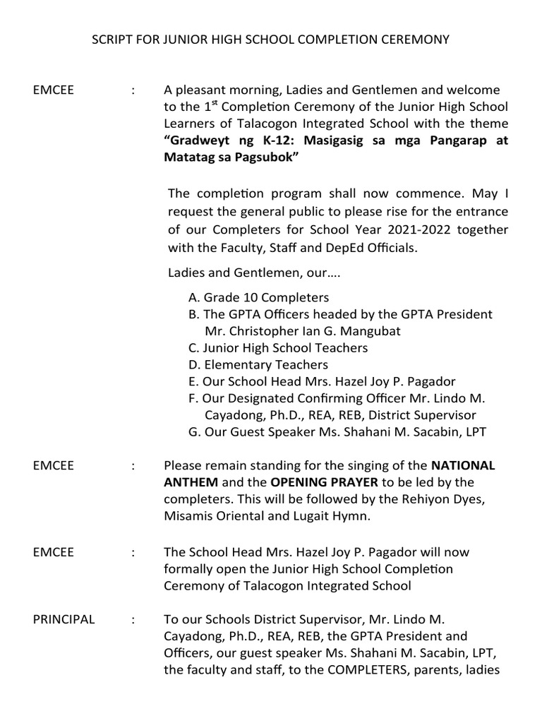 Junior High School Completion Ceremony | PDF | Career & Growth