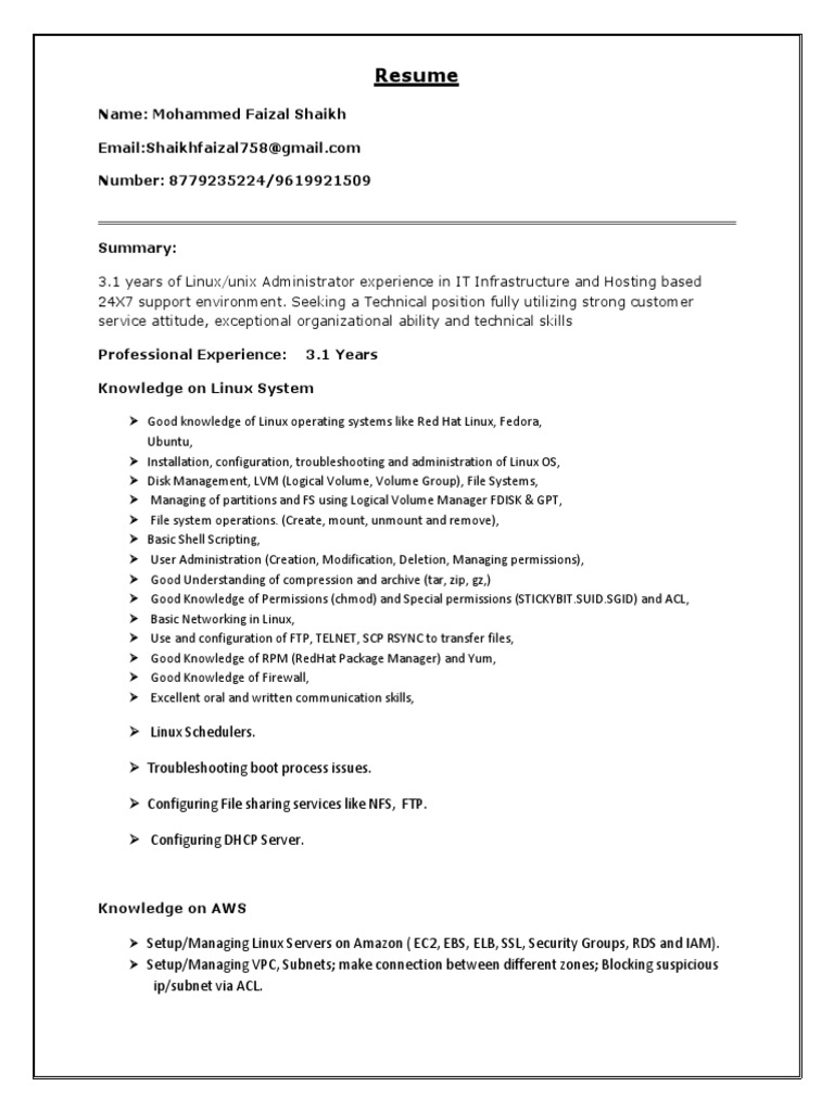 Faizal Resume Org | PDF | File System | Linux