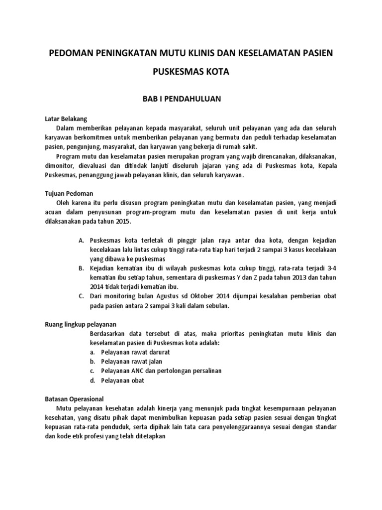 Contoh Program Peningkatan Mutu Klinis Dan Keselamatan Pasien | PDF