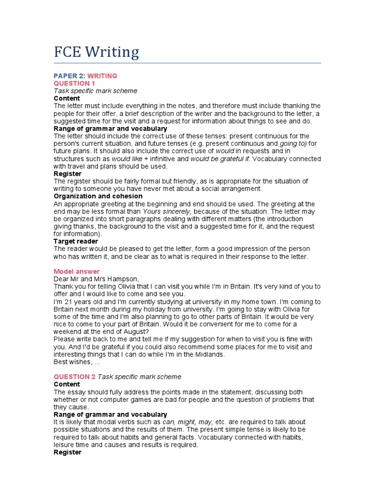 FCE Writing 1 - Key | PDF | Grammatical Tense | Human Communication