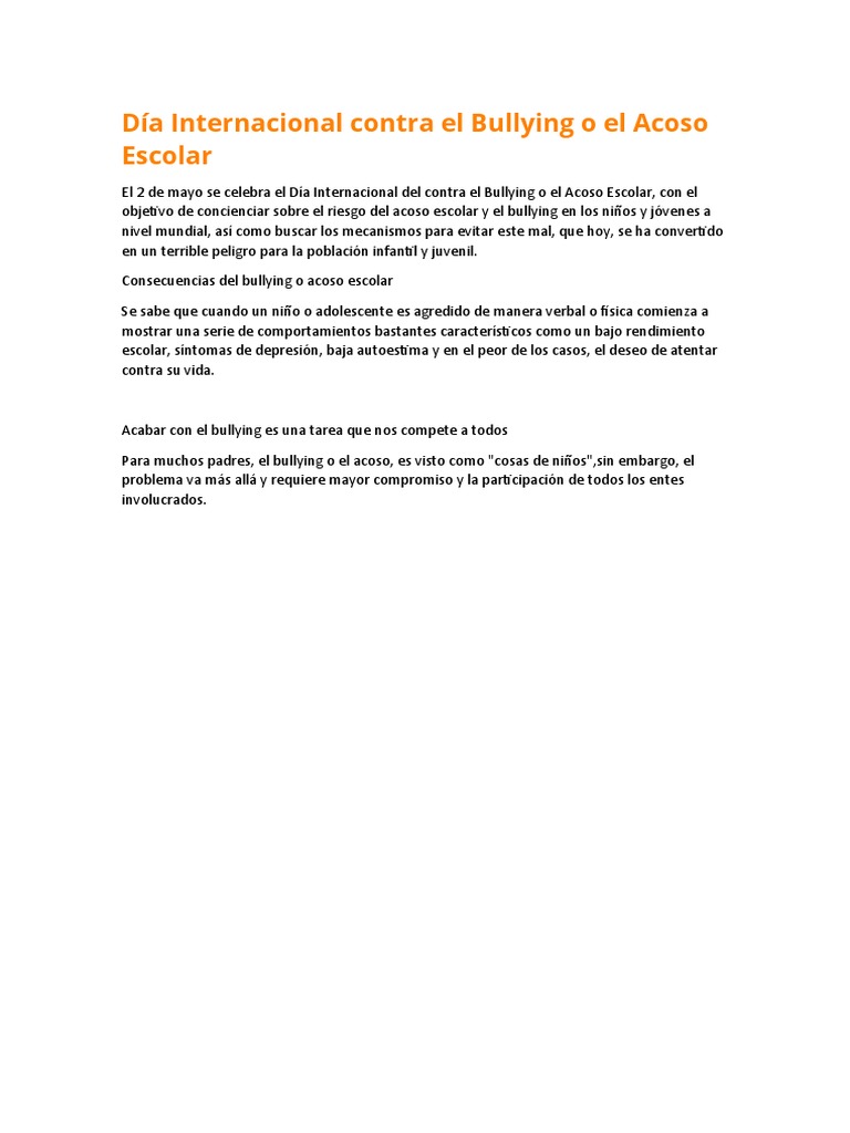 Día Internacional Contra El Bullying o El Acoso Escolar | PDF ...