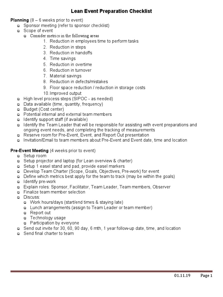 Lean Event Preparation Checklist Guide | PDF | Business | Computing