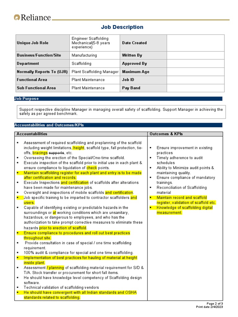 Scaffolding Engineer Job Description | PDF | Scaffolding | Audit