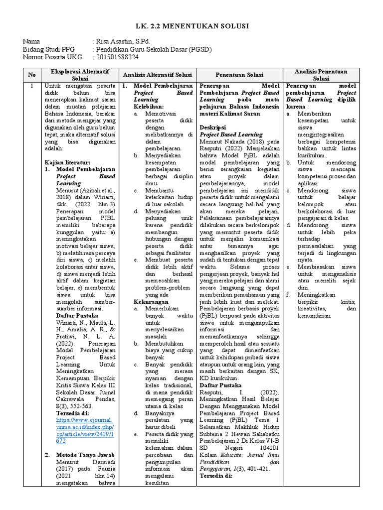 LK. 2.2 Menentukan Solusi Risa Asastin | PDF