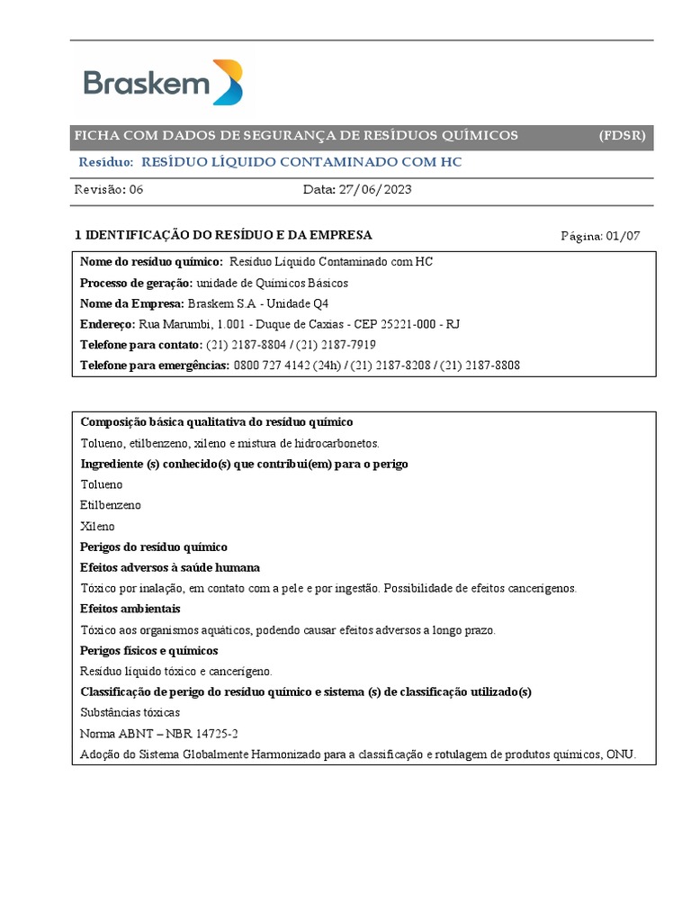 FDSR - Resíduo Líquido Contaminado Com HC SB - Revisada 2023 | PDF ...