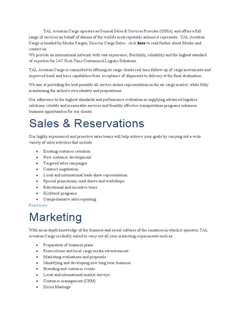 TAL Aviation Cargo Operates As General Sales | PDF | Cargo | Sales