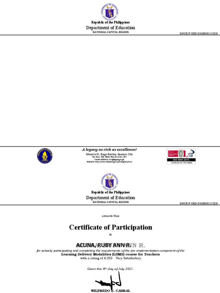 LDM CERTIFICATE AFRES Word | PDF | Metro Manila | Government