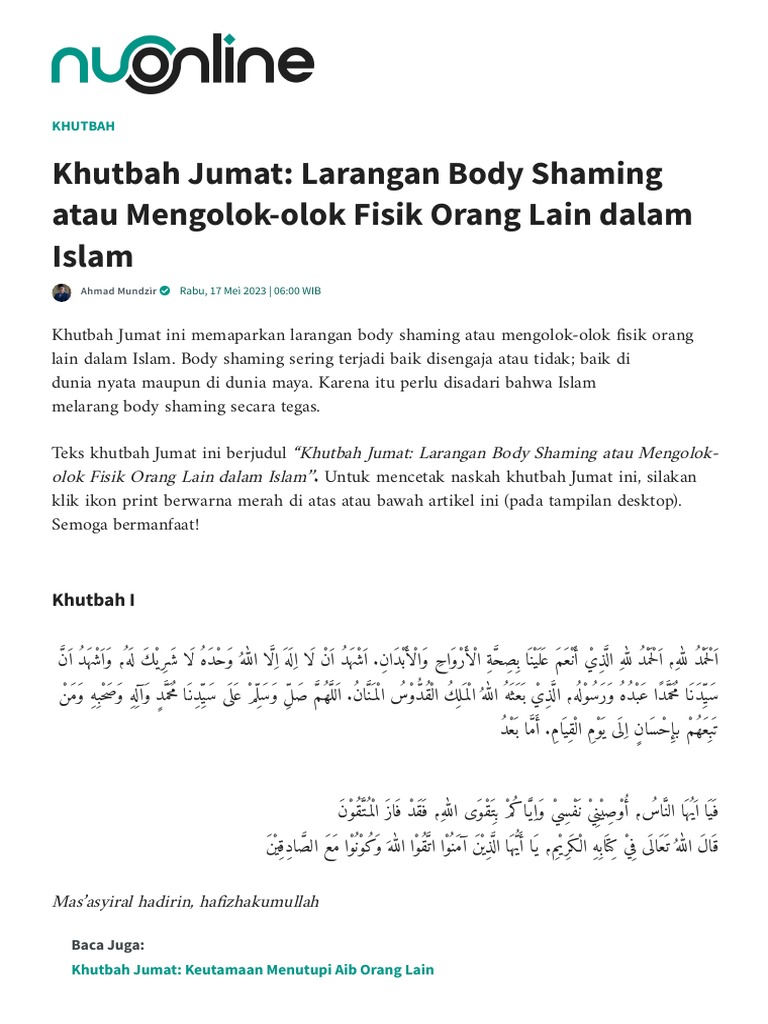 Khutbah Jumat - Larangan Body Shaming Atau Mengolok-Olok Fisik Orang Lain Dalam Islam - NU ...