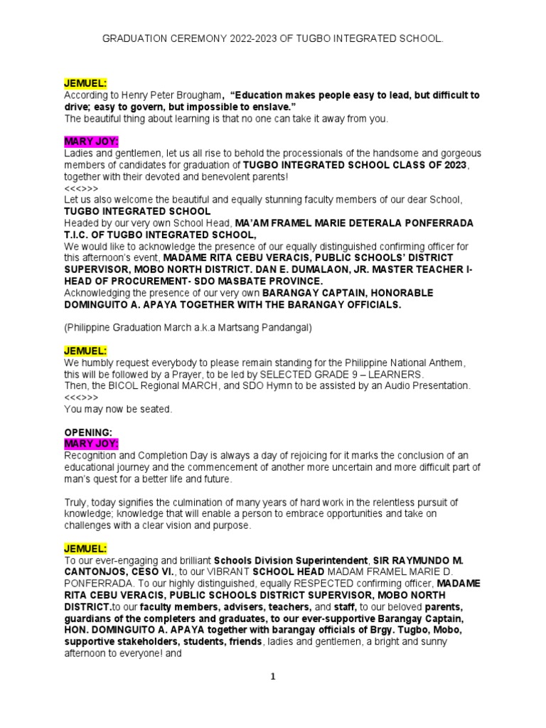 Graduation Rites 2023 Script | PDF