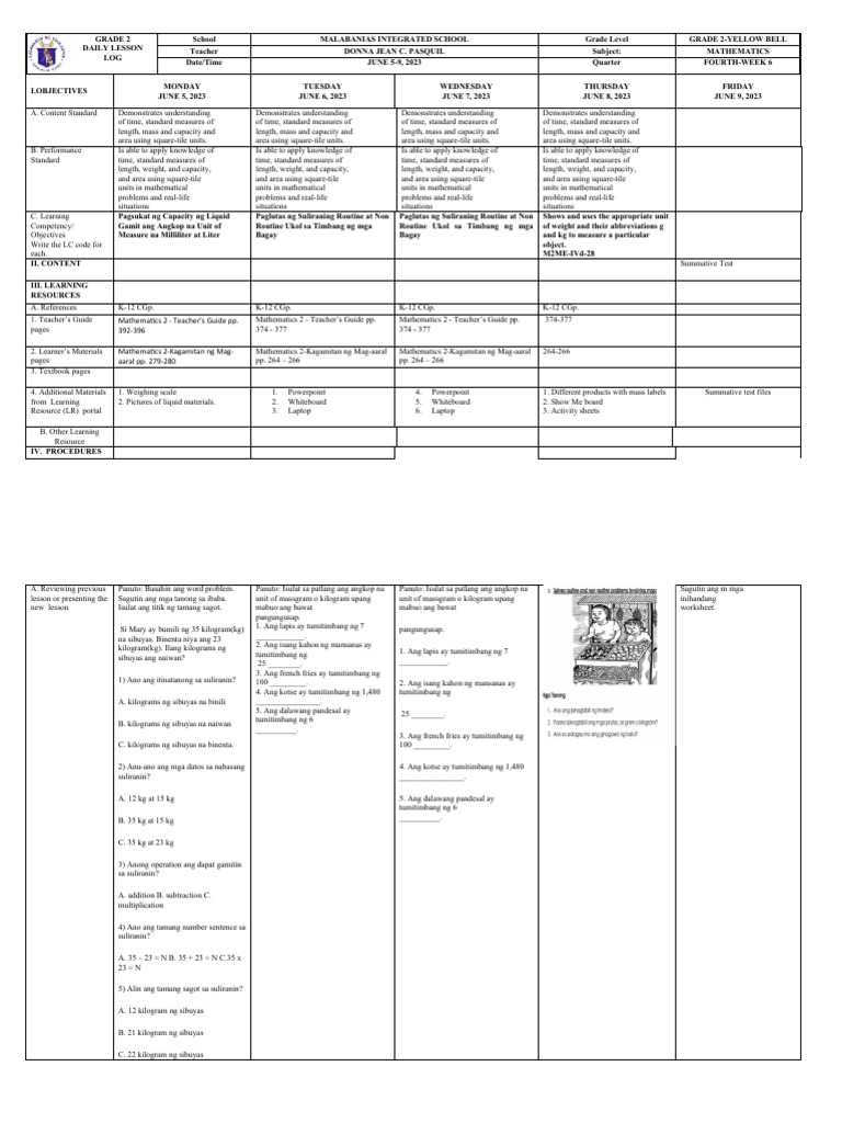 Q4 WK6 DLL Math | PDF | Weight | Litre