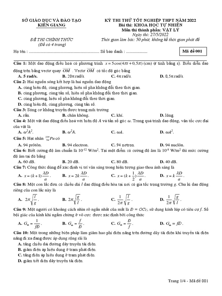 De Thi Thu Tot Nghiep THPT Nam 2022 Mon Vat Ly So GDDT Kien Giang | PDF