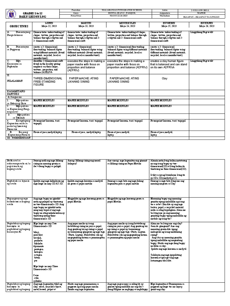 DLL Mapeh Q4 W4 | PDF | Stationery | Biodegradable Materials