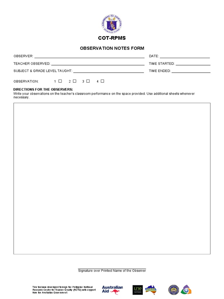 (Appendix C-08) COT-RPMS Observation Notes Form | PDF