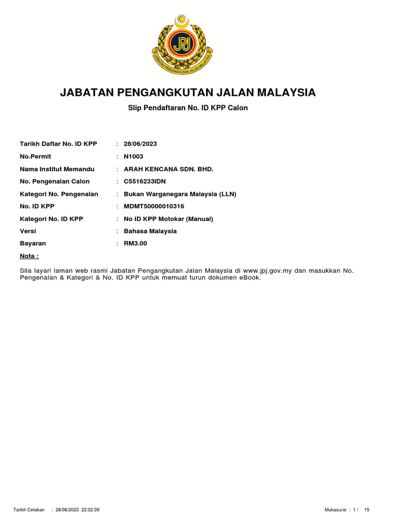 Jabatan Pengangkutan Jalan Malaysia: Slip Pendaftaran No. ID KPP Calon ...