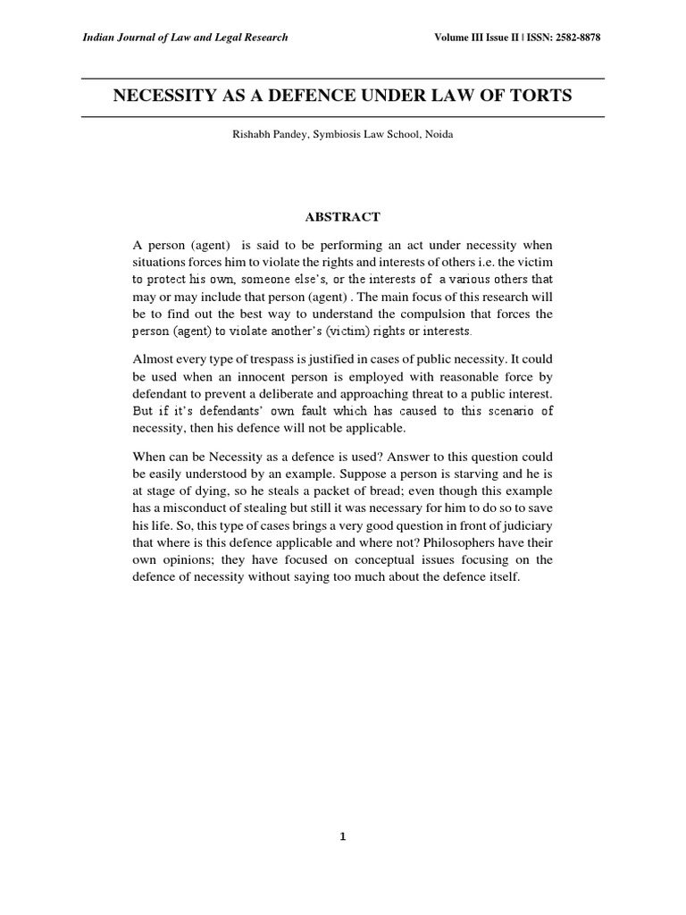 Necessity as a Defence in Tort Law | PDF | Tort | Trespass