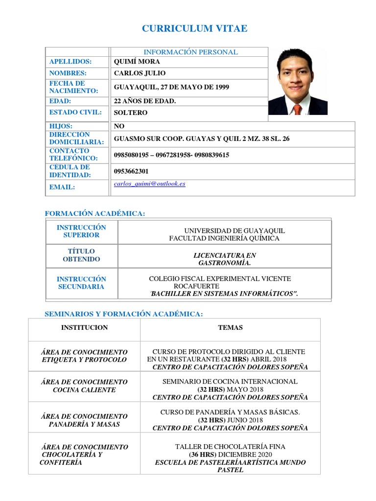 CV Carlos Quimí Mora | PDF | Comida y bebida