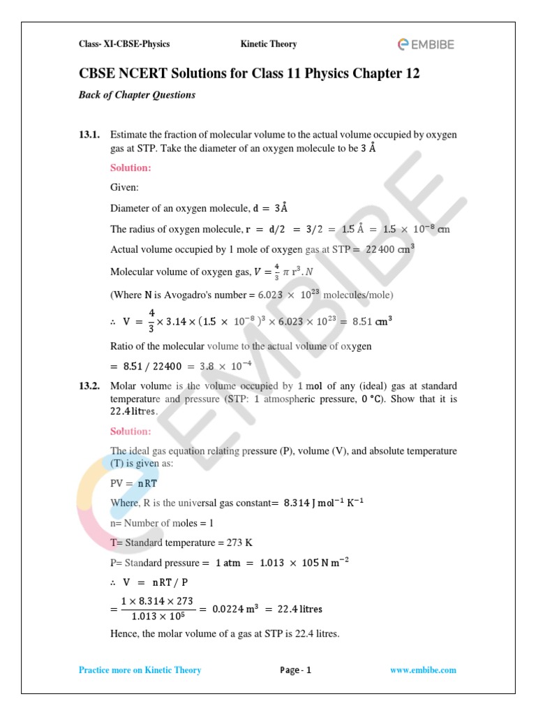 NCERT Grade 11 Physics CH 13 Kinetic Theory | PDF | Gases | Mole (Unit)