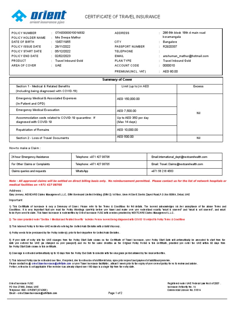Certificate of Travel Insurance | PDF | Travel Visa | Insurance