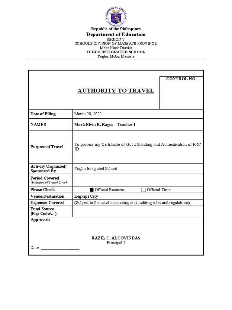 Travel Order Template for Teachers | PDF