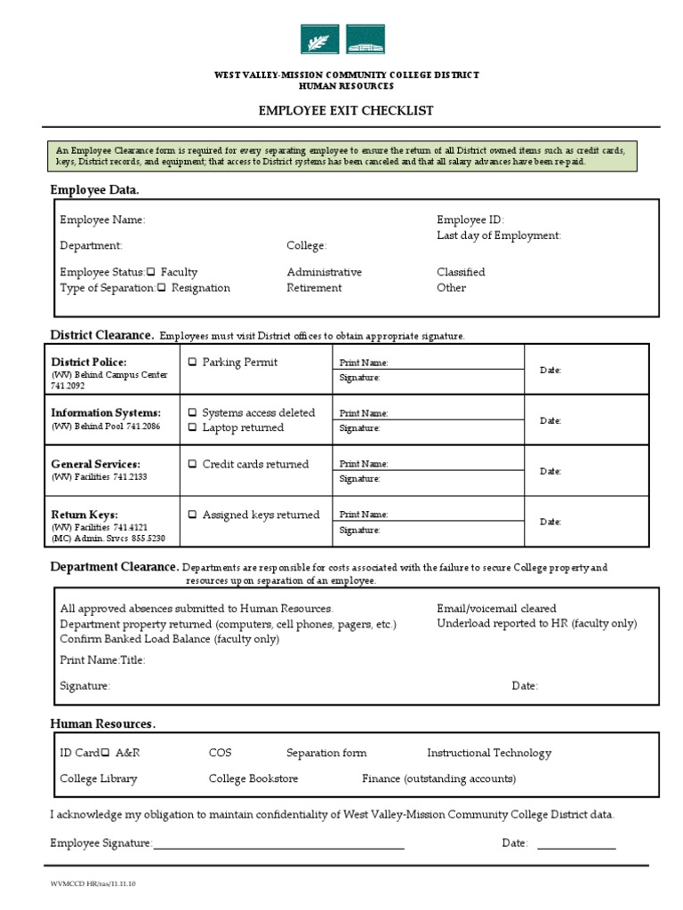 Employee Exit Checklist Clearance Form | PDF | Employment | Credit