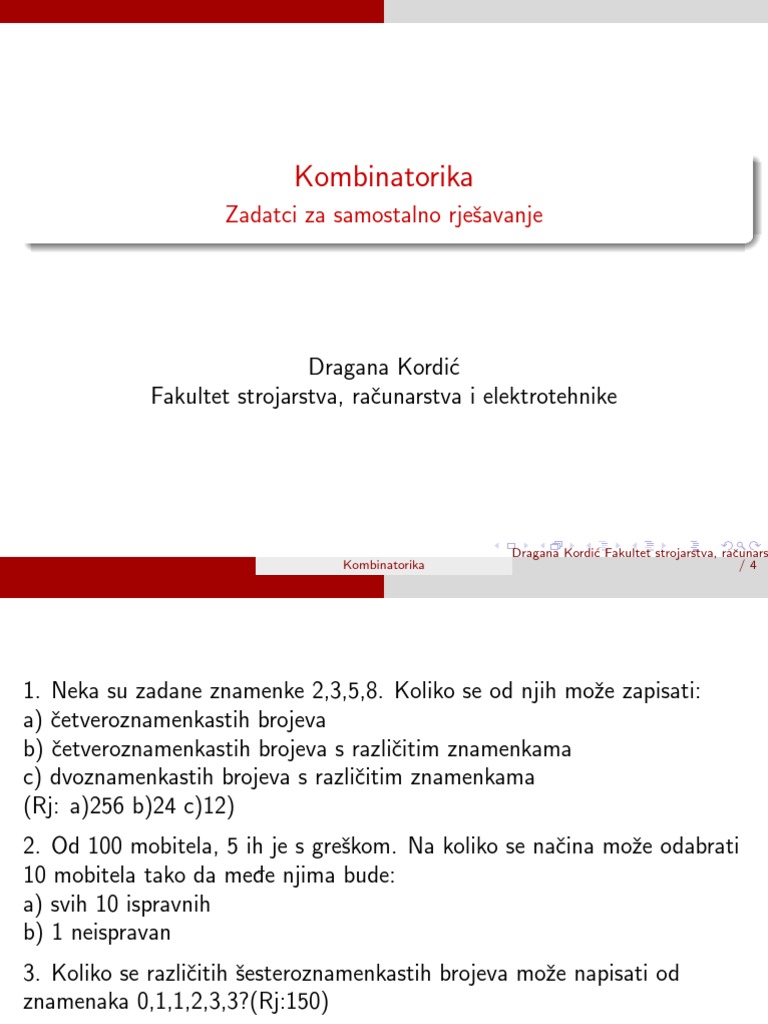 Zadatci Za Samostalno Rješavanje - Kombinatorika | PDF
