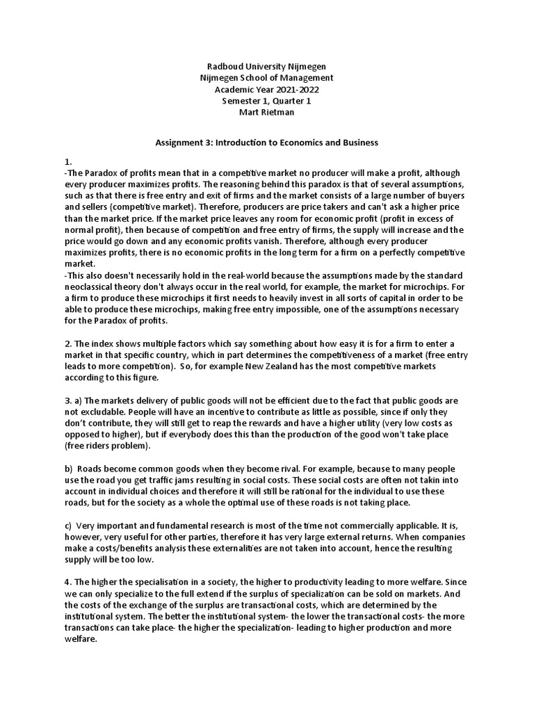 Assignment 3 Economics and Business Economics | PDF | Profit (Economics) | Perfect Competition