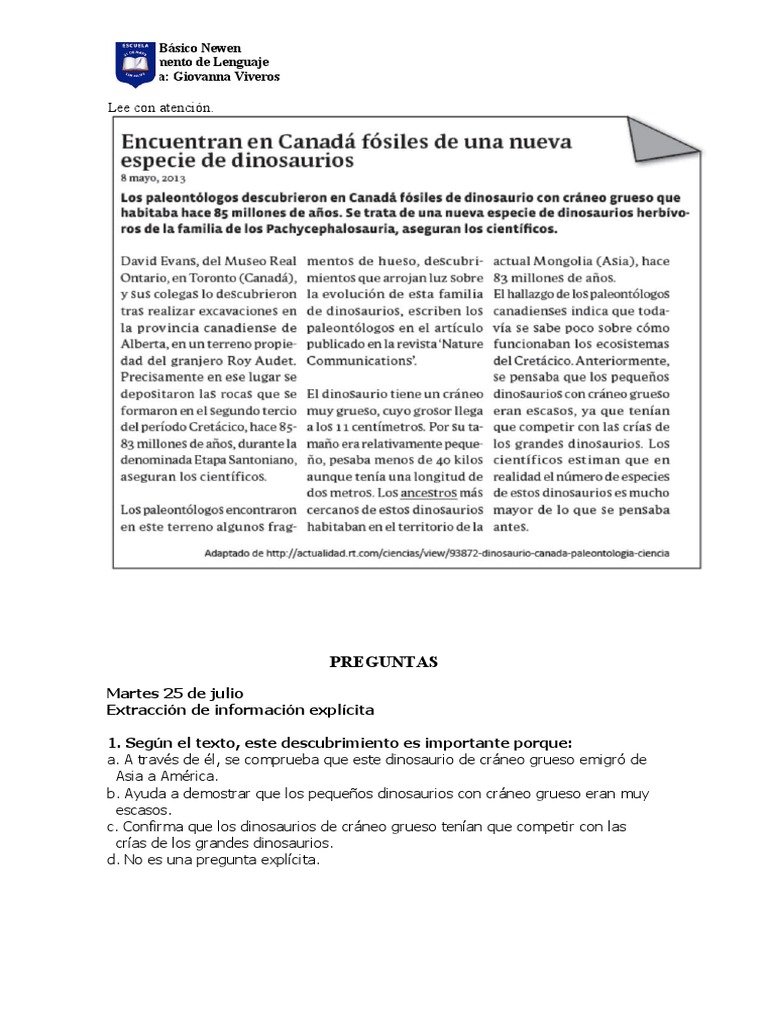 7° Noticia, Lectura 5 | PDF | Dinosaurios