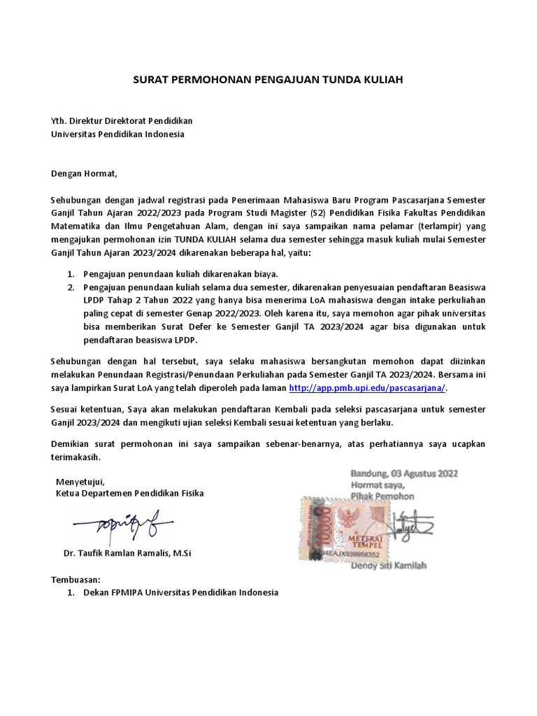 Surat Permohonan Tunda Kuliah UPI | PDF