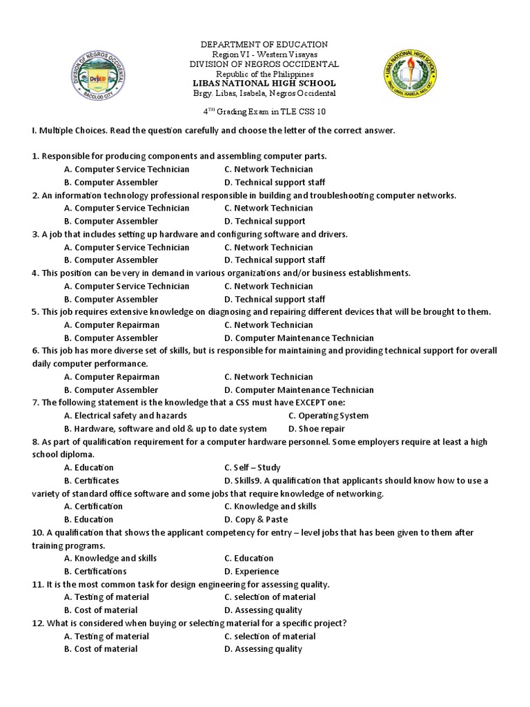 4th ICT Exam | PDF | Computer Network | Technical Support