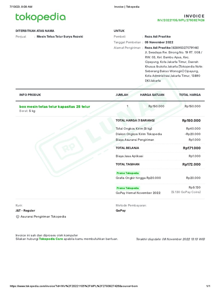 Invoice - Tokopedia Koak Tetas Telur | PDF