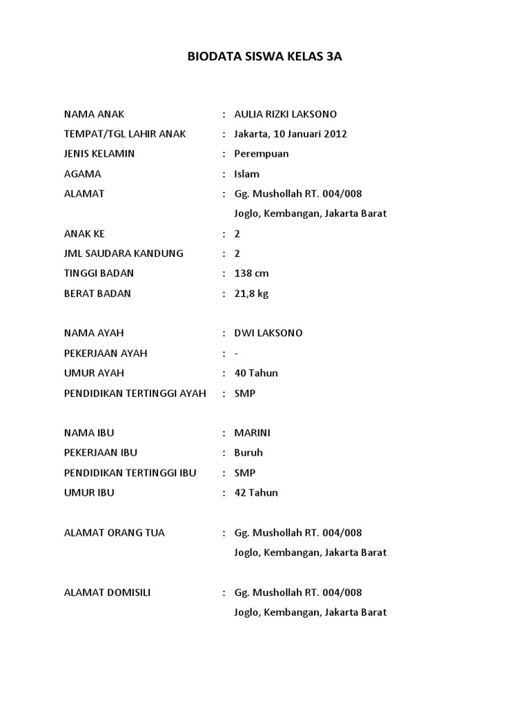 BIODATA SISWA KELAS 3A Aulia | PDF