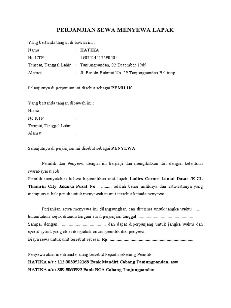 Perjanjian Sewa Menyewa Lapak | PDF