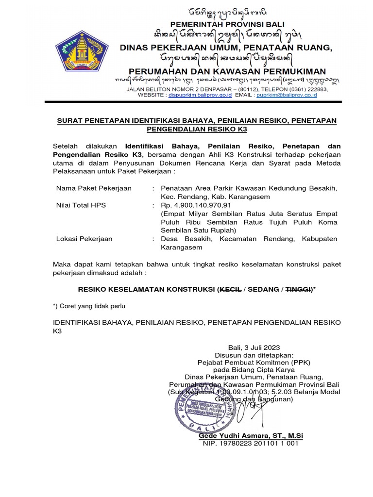 06. SURAT PENETAPAN RESIKO K3 KEDUNDUNG 2023 | PDF