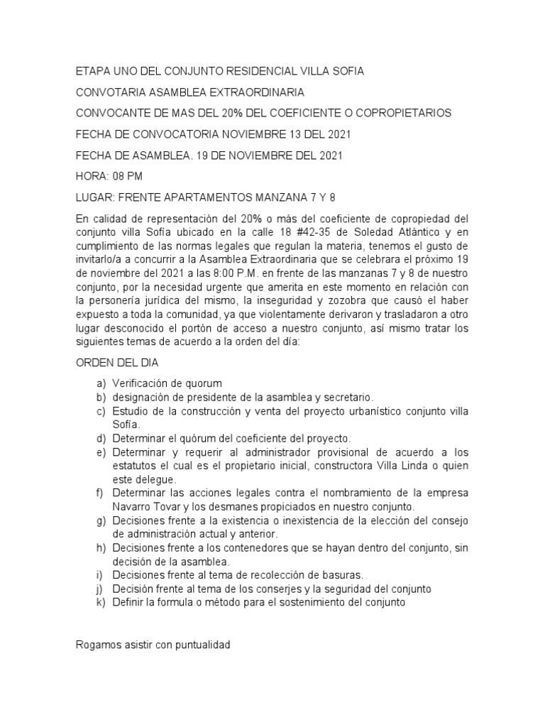 Convocatoria ETAPA UNO DEL CONJUNTO VILLA SOFIA | PDF | Gobierno