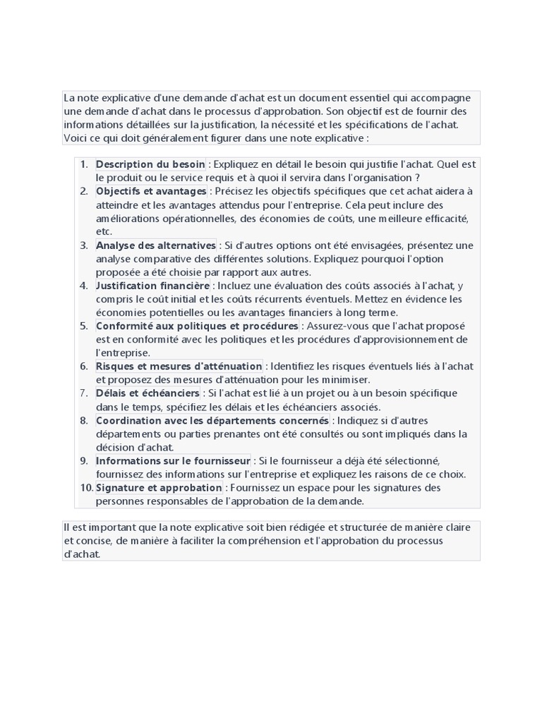 Note Explicative Demande D'achat | PDF